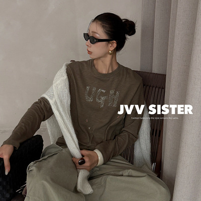 JVV十三行2026秋季新款美式复古字母印花休闲上衣长袖T恤女91312