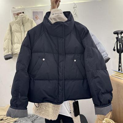 韩系袖子拼接格子羽绒服女2025冬装上新立领宽松白鸭绒短外套上衣
