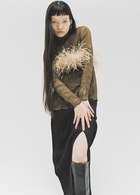 薄三宅褶皱聚酯纤维女小众长袖