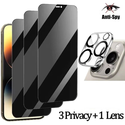 3PCS Privacy Glass + 1PCS Lens Film For iPhone 17 16 15 14 13 12 Pro Screen Protector For iphone