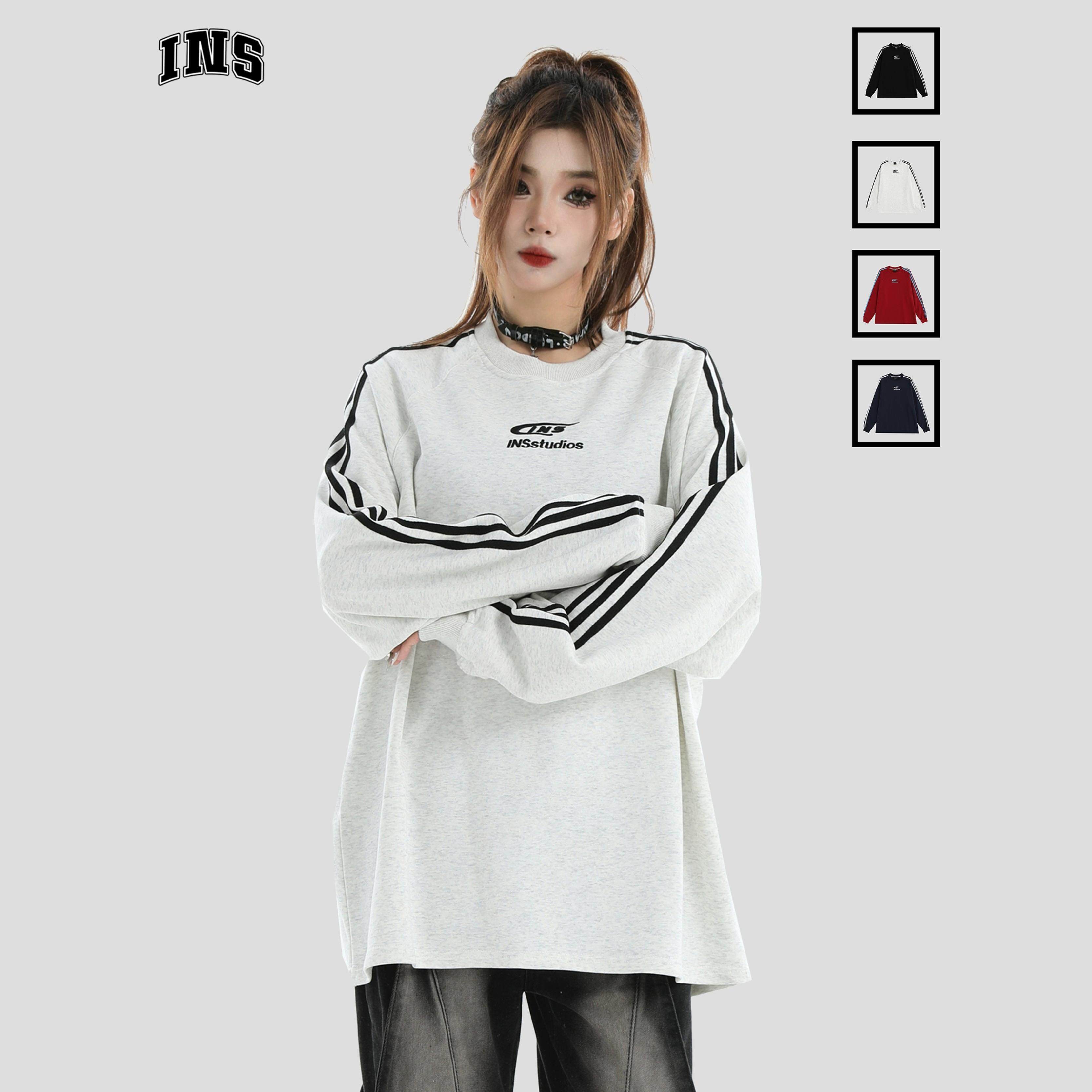 INSstudios 国潮牌情侣美式刺绣logo三条杠圆领卫衣宽松长袖上衣