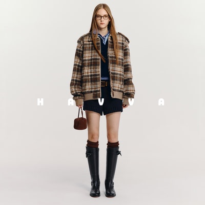 HAVVA经典美学拼色格纹毛呢外套舒适保暖女士上衣2025冬N3-2905