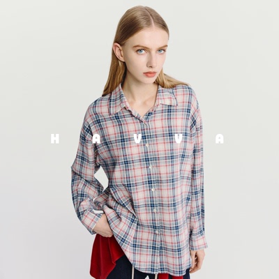 HAVVA美学拼色格纹长袖衬衫慵懒感女士上衣2026春季C3-4674