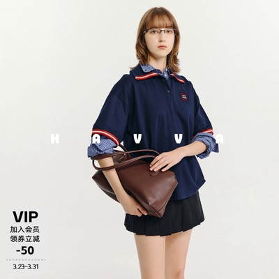 HAVVA拼色翻领短袖T恤舒适长绒棉宽松显瘦女上衣2026夏季T3-1390