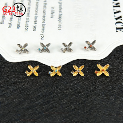 F136钛合金耳骨钉迷你flat耳钉小桂花镶5A锆石内螺纹唇钉穿刺饰品