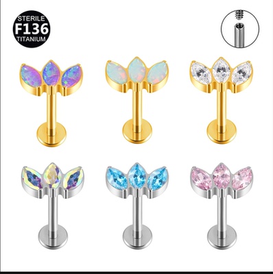 F136钛合金耳骨钉耳蜗钉flat3颗马眼爆闪锆石唇钉耳钉穿刺饰品