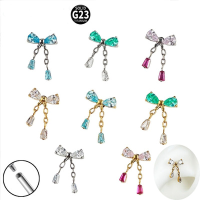 F136钛合金耳骨钉flat水滴蝴蝶结吊坠耳钉爆闪锆石内螺纹穿刺饰品