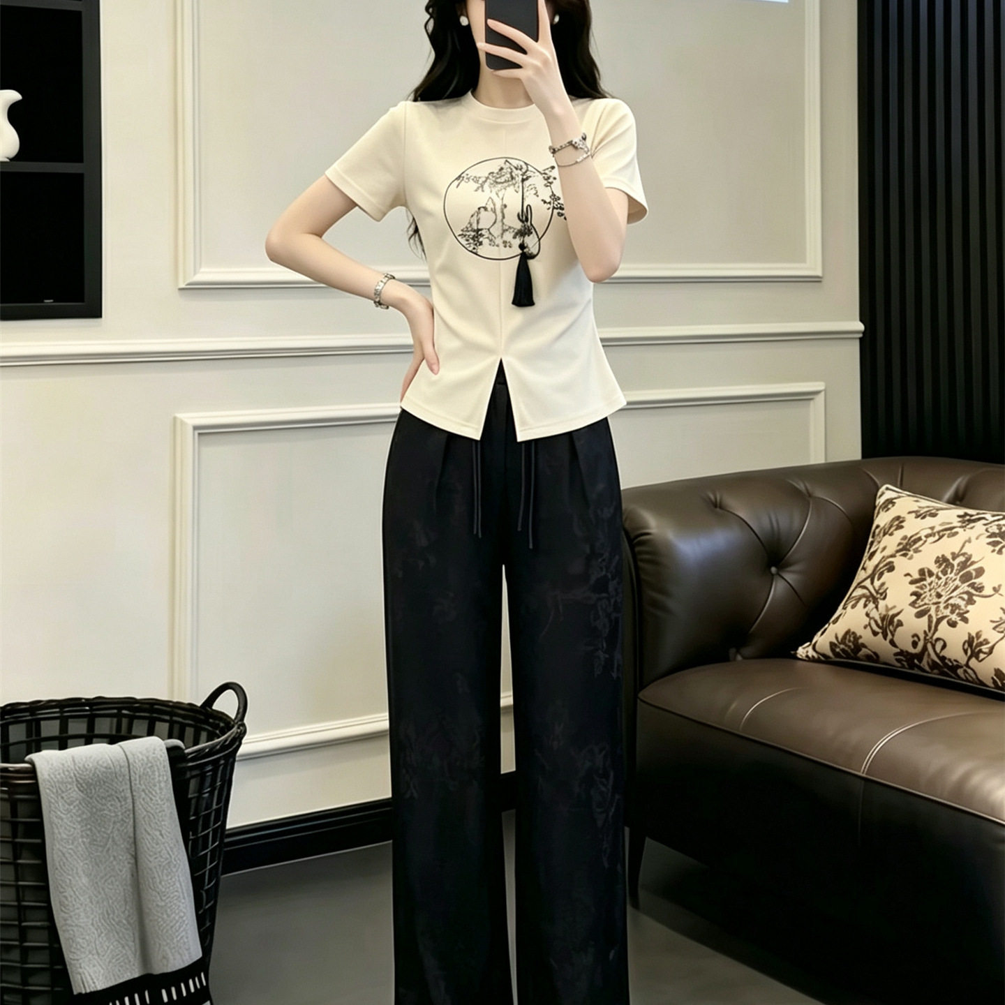 时尚水墨套装女2026夏季新款中式国风洋气短袖上衣阔腿裤两件套潮
