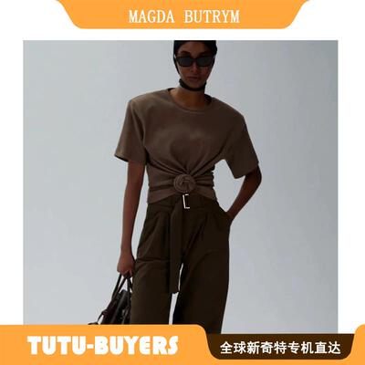 TUTU正品magda butrym 圆领纯色扭结立体花朵弹力罗纹垫肩短袖T恤
