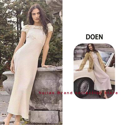 煳椒正品 DOEN 新款波点印花修身礼服长裙荷叶边短袖连衣裙