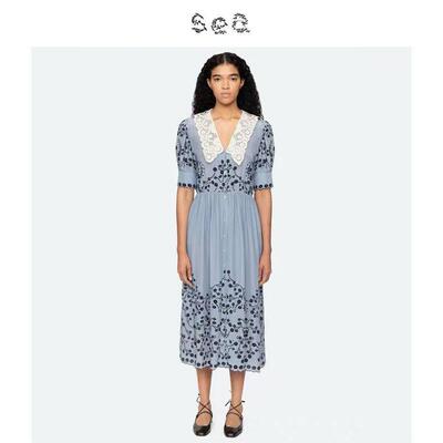 Sea New York 法式优雅V领收腰显瘦蕾丝泡泡袖洋装