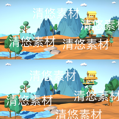 c4d卡通多边形卡通树木山体地形oc渲染环境场景文件 非实物D258