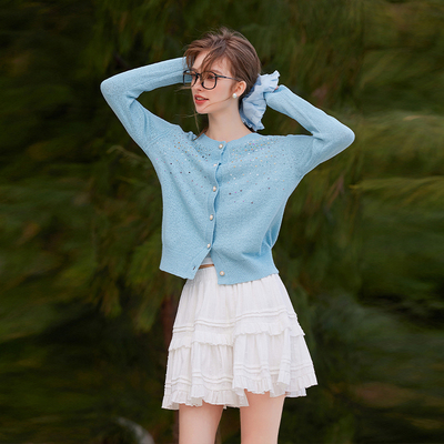 白鹿语韩系甜美亮片针织开衫2025春季款圆领清新ins风针织衫女BY20238