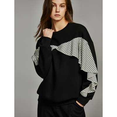 ELLE短款拼接女式针织衫年冬季摩登休闲风翻领落肩设计EM36557