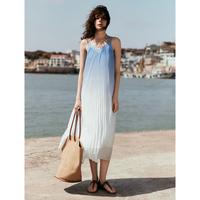 ELLE法式海边度假风渐变吊带连衣裙女2024夏季长款无袖海浪裙EL47829