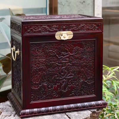 紫檀木复刻明嘉靖松寿云龙箱满工满雕刻收纳柜首饰盒