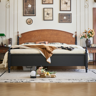 法式复古实木床主卧高端大气中古风家具黑色全实木双人大床