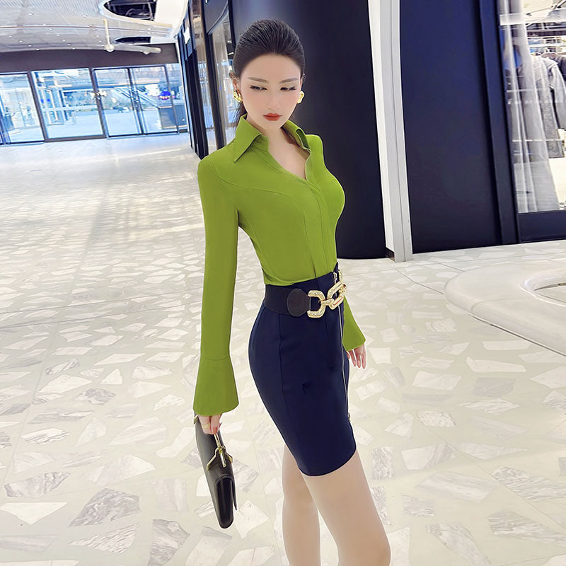 VJE女士时尚V领衬衫早春新款修身显瘦百搭长袖上衣_虎窝淘