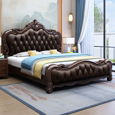 紫金檀木床1.8米1.5m双人床主卧室雕花美式真皮靠软包储物实木床