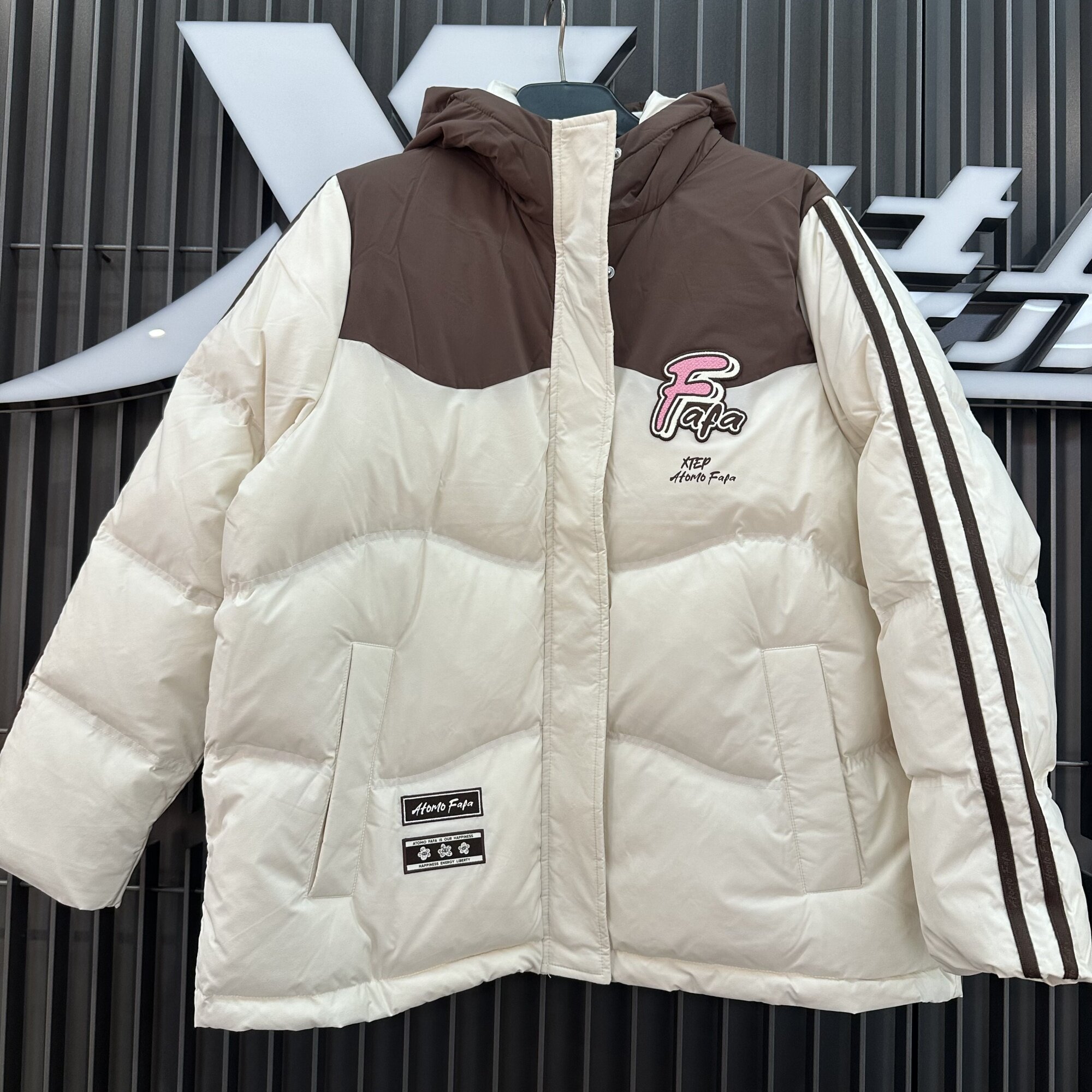 特步羽绒服女2025冬季新款拼接撞色连帽中长款保暖975428190187