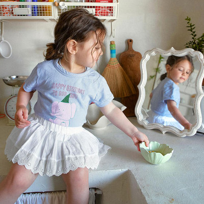 女孩夏季蓝色小象短袖