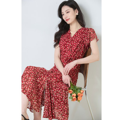 26严选夏季新款法式清新抽褶鱼尾碎花V领显瘦中长款连衣裙 7532