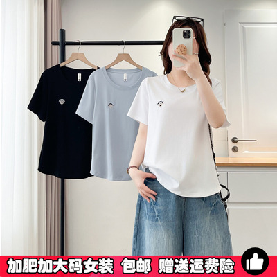简约百搭纯色圆领短袖T恤女大码