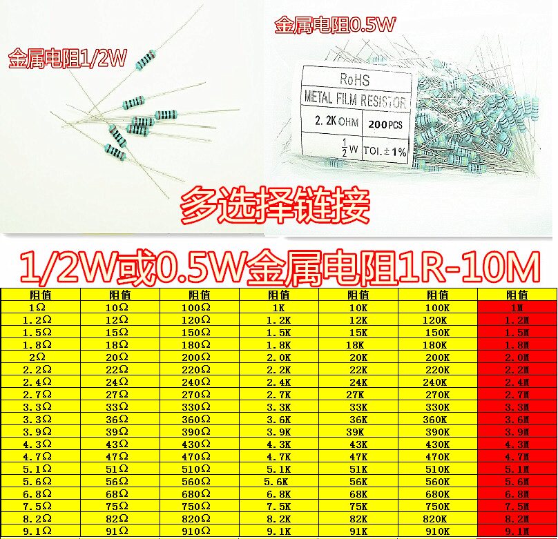 1/2W金属电阻100R至10K阻值100/1K/2K/4.7K/3.9K/10K欧多选择_虎窝淘