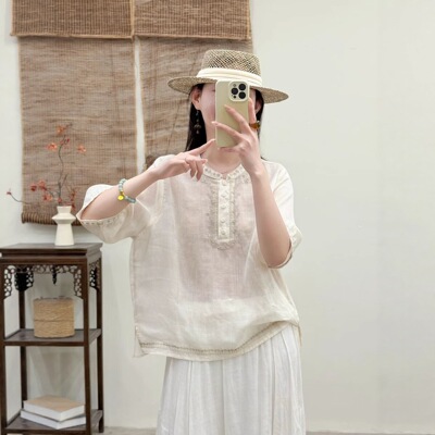 园园美衣品 文艺复古苎麻刺绣衬衫女 宽松百搭圆领中袖上衣 2607