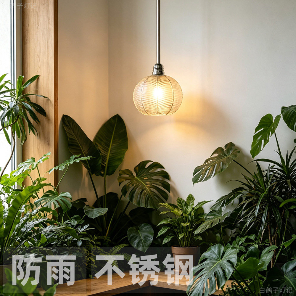 美工乡村户外防雨玻璃吊灯不锈钢加固吊杆民宿阳光房露台走廊单头