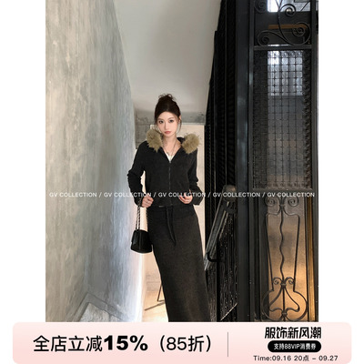 磨毛毛领加绒卫衣半裙两件套
