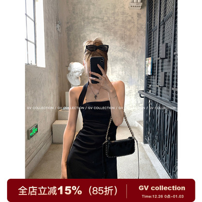 GV大白哥 极简欧辣 褶皱收腰挂脖连衣裙优雅风褶皱平领黑色短裙女