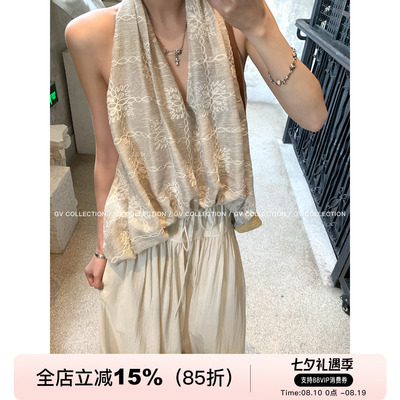 立体刺绣蕾丝花朵挂脖露背上衣