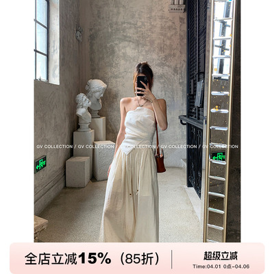 GV大白哥 老钱casual 亚麻透气度假风阔腿休闲裤抽绳宽松长裤女