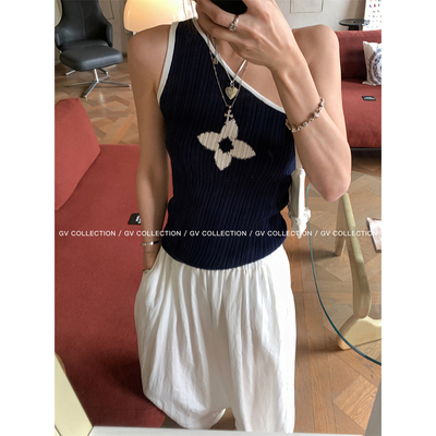 GV大白哥 高品私服 斜肩撞色图案针织上衣紧身无袖小背心女夏季