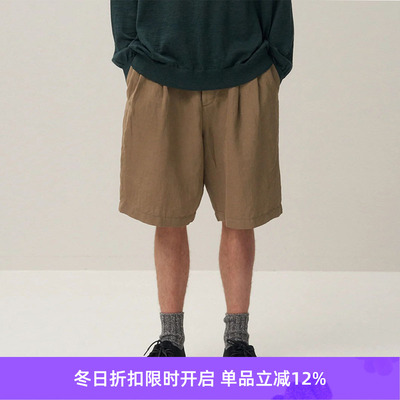 ATON COTTON LINEN VOILE TWO TUCKED 棉麻混纺系带宽松短裤