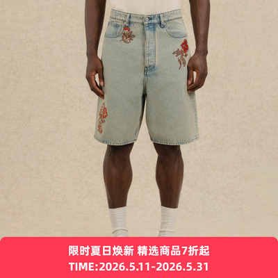 Drole De Monsieur Short Jean Brodé Fleurs 法式水洗牛仔短裤
