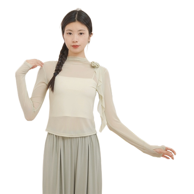 3359舞蹈服网纱上衣花朵点缀