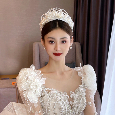 手工大皇冠珍珠叶子头饰