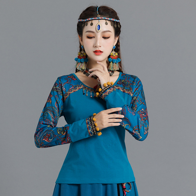 1157#实拍秋季新款民族风复古印花圆领流苏拼接修身显瘦T恤上衣