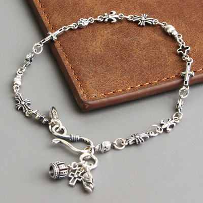 S925银十字架骷髅皇冠多元素手链