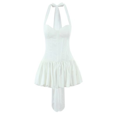 挂脖网纱吊带连体裙 收腰花苞裙式连体衣 甜美白月光风短款裙装