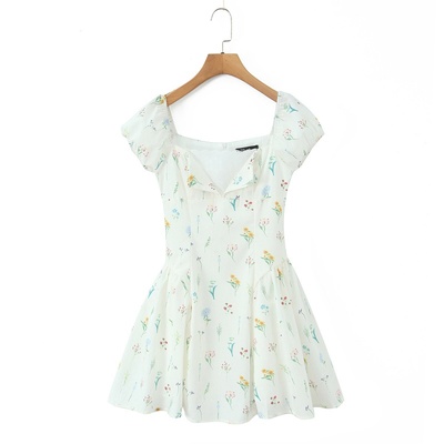 法式田园碎花短袖连衣裙 收腰A字裙摆温柔风短裙 甜美减龄仙女裙