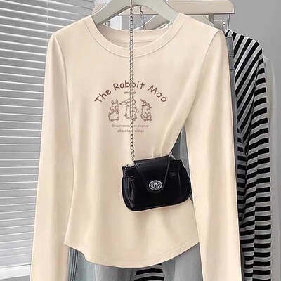 正肩纯棉长袖t恤女不规则弧形下摆小个子短款显瘦上衣打底衫isn潮