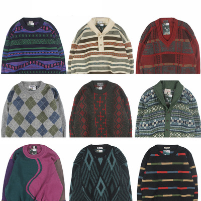 古着vintage复古日系宽松刺绣几何撞色波普图案纯羊毛衣男女秋冬8