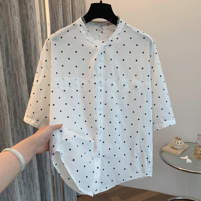 纯棉清新文艺范减龄小波点衬衣小衫纯棉轻薄透气夏季清爽衬衫0160