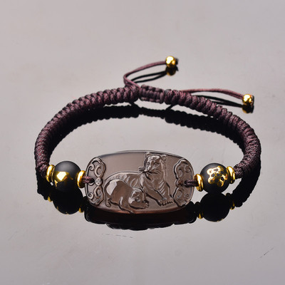 易明光居2026年属虎属猪寅亥六合黑曜石白水晶手链串虎形猪形饰品