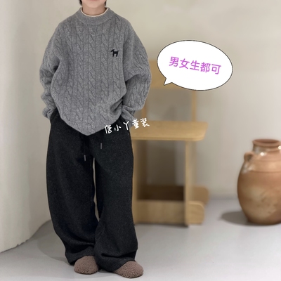 亲子刺绣小马毛衣撞色领安哥拉红灰米白色针织衫韩版套头衫中大童