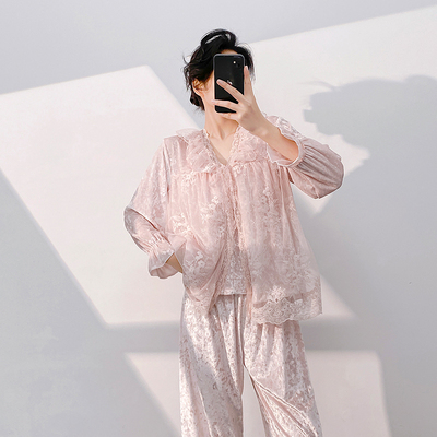 性感春秋新款金丝绒睡衣女三件套