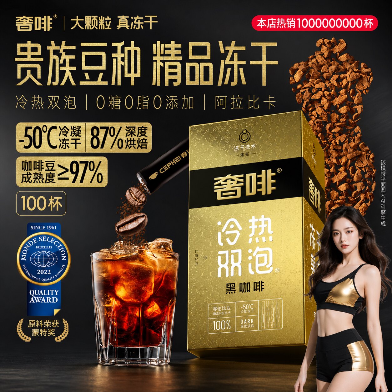奢啡黑标精品哥伦比亚冻干黑咖啡冷热双泡速溶0糖0脂0添加100杯